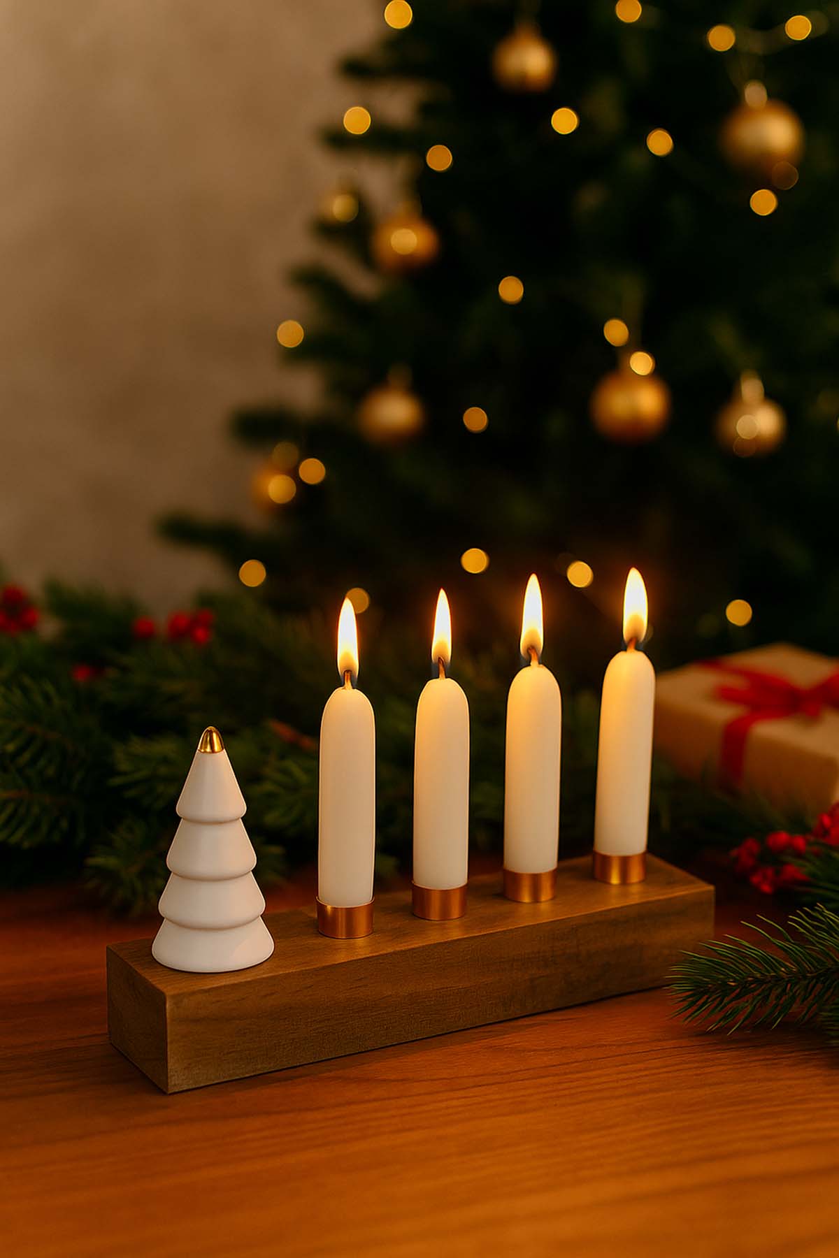 Çam Ağacı Figürlü 4 Kollu Şamdan